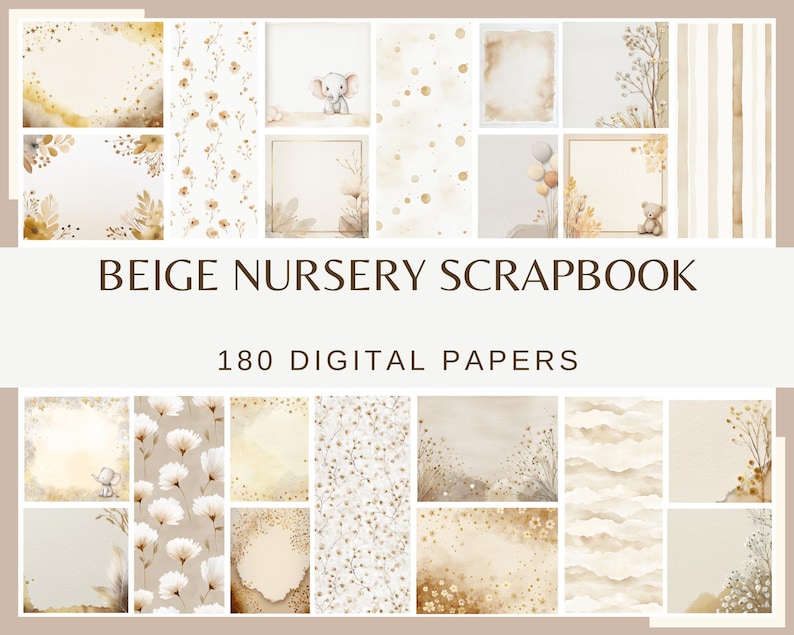 Beige Nursery Scrapbook Paper: 180 Watercolor Designs (digital Download ...