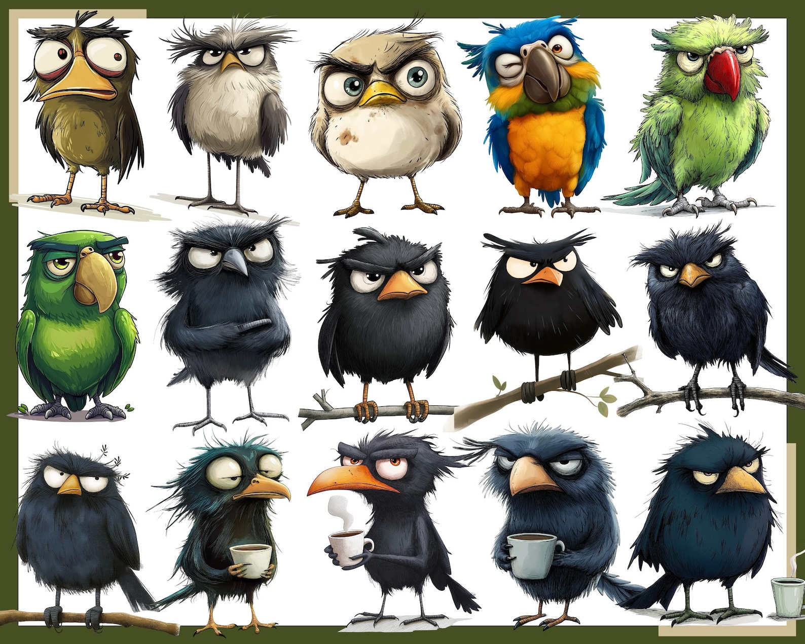 Grumpy Birds Clipart: Funny Tired Bird PNG Images (110 Files) (digital ...