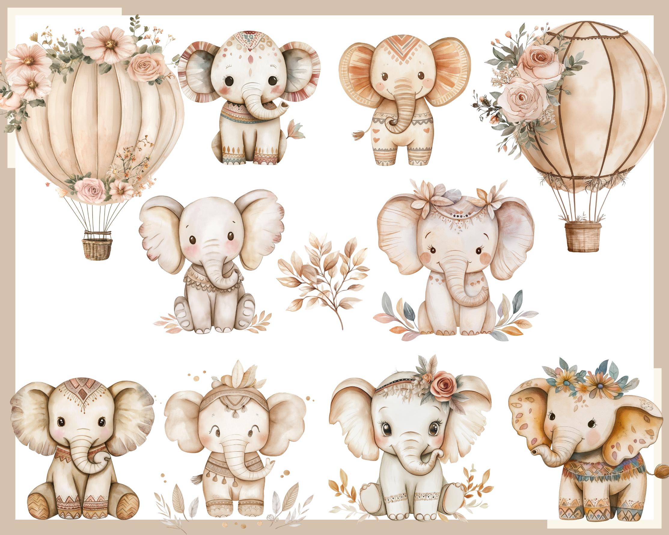 Beige Boho Baby Elephant Watercolor Clipart (PNG 300 Dpi) - Etsy