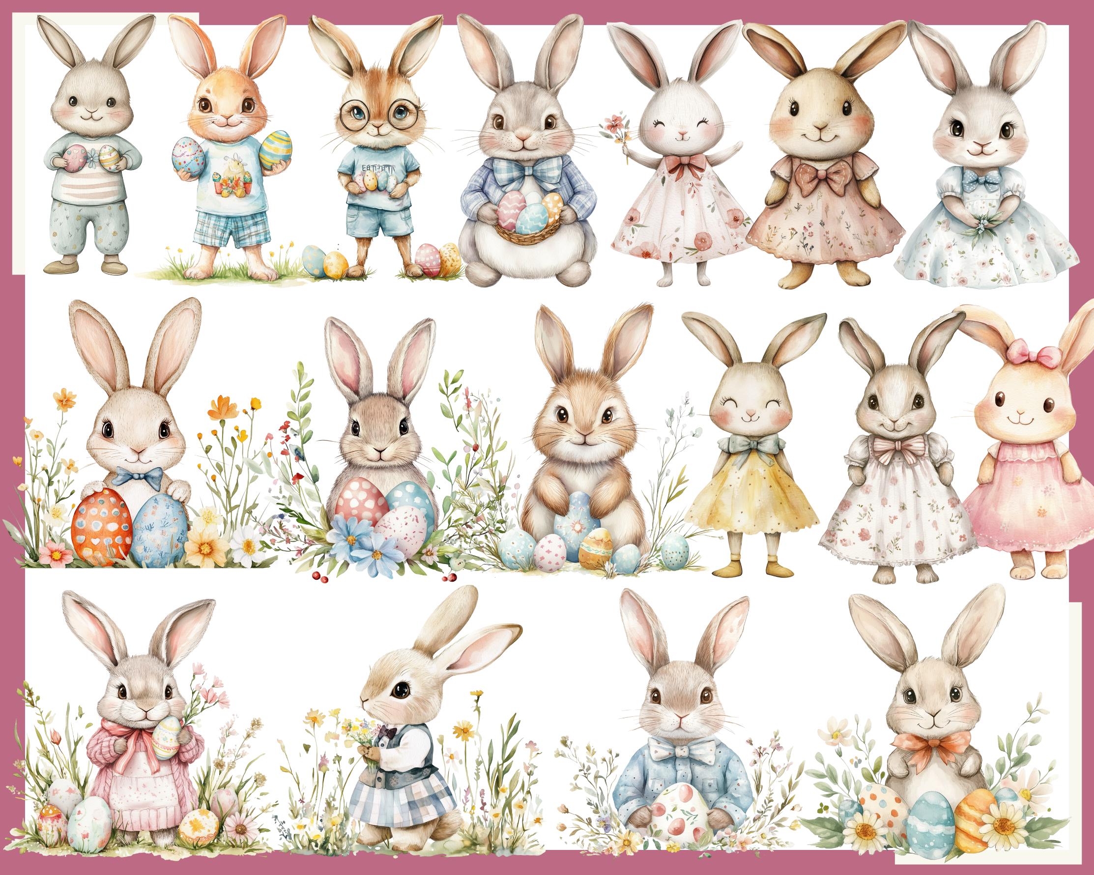 Easter Bunny Watercolor Clipart: 110 PNG Illustrations (commercial Use ...