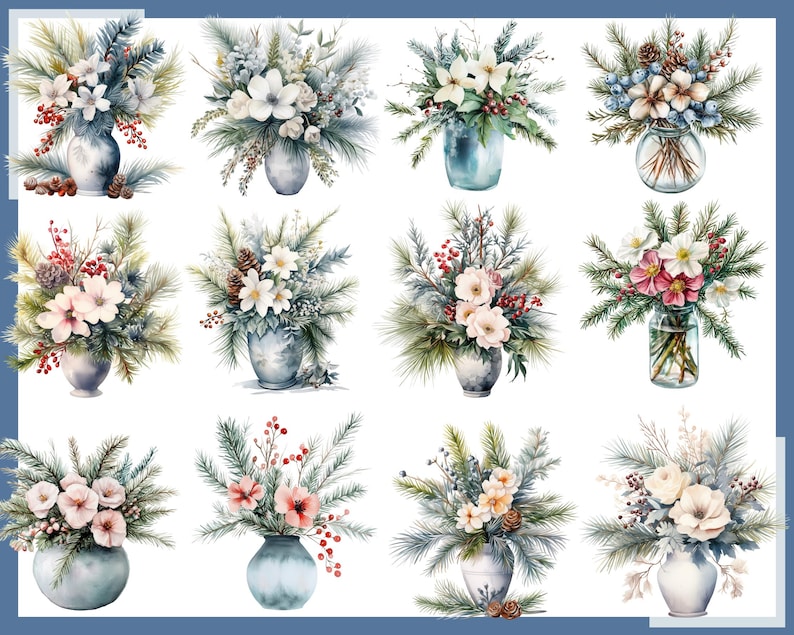Winter Flowers Clipart: Watercolor Floral PNG Bundle (110 Files) - Etsy