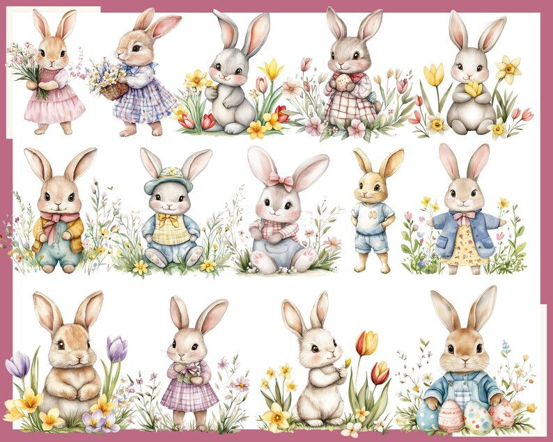 Easter Bunny Watercolor Clipart: 110 PNG Illustrations (commercial Use ...