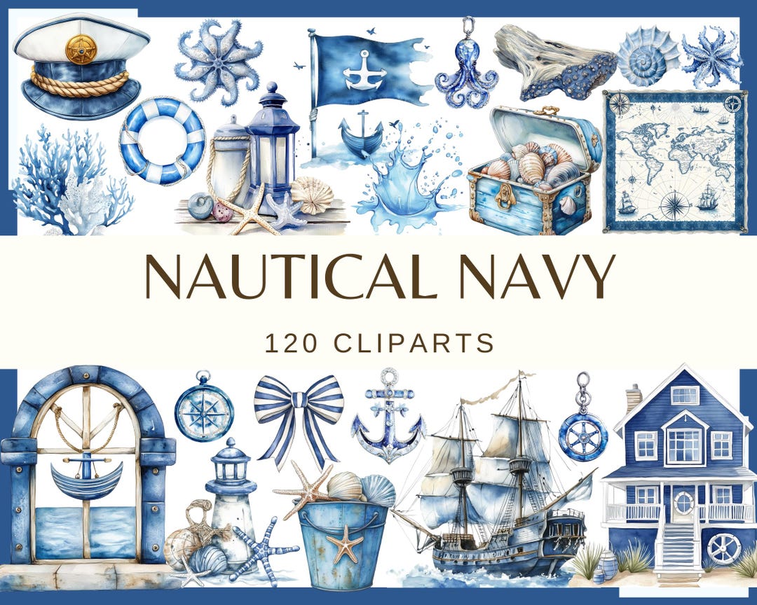 Nautical Navy Clipart Bundle: Sea Life Graphics (120 PNG) - Etsy