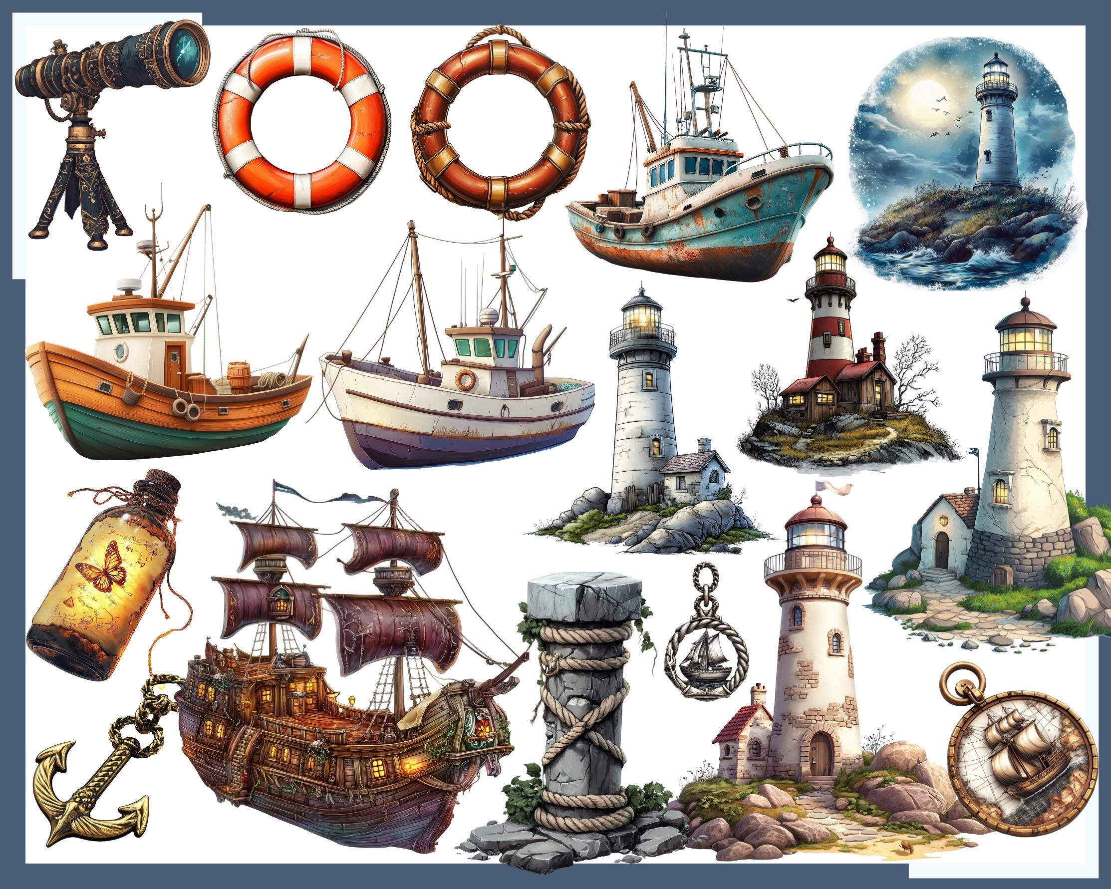 Nautical: 140 PNG, 300 DPI Clipart Sea Marine Life Graphics (commercial ...