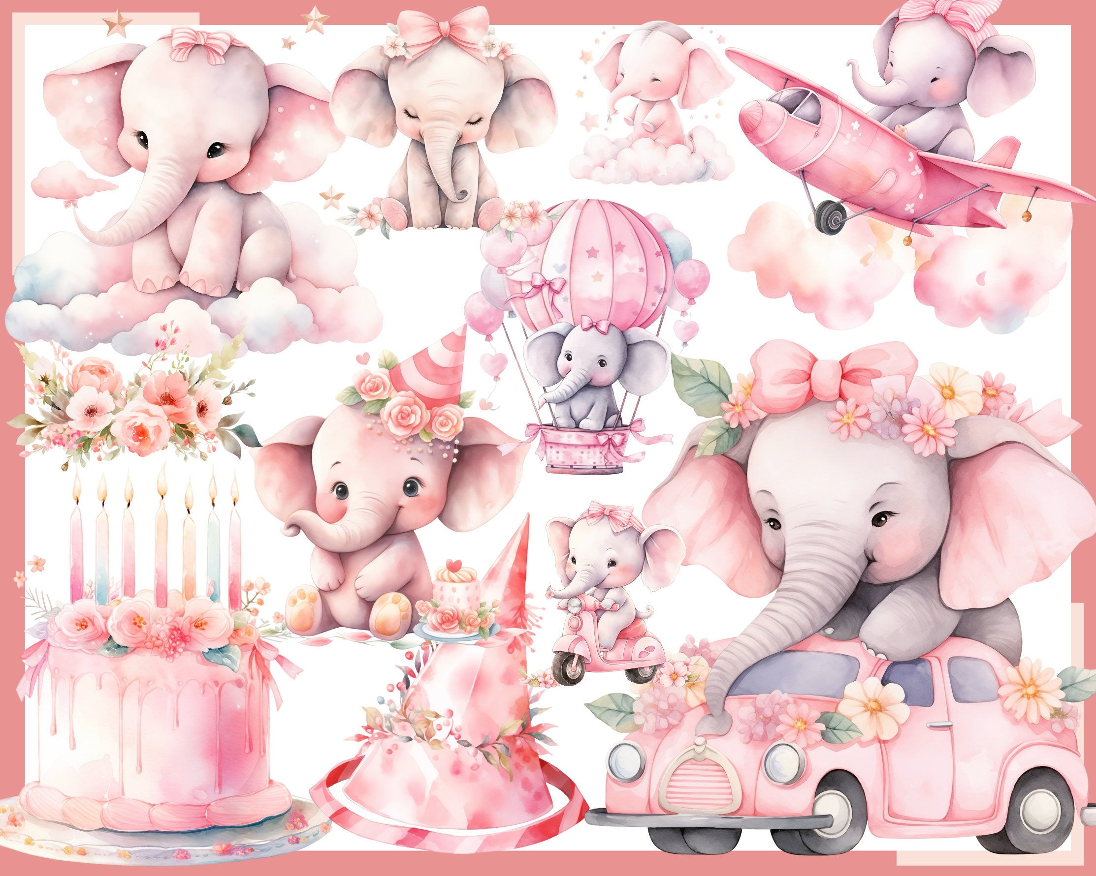 Pink Baby Elephant Watercolor Clipart: 100 PNG Graphics (commercial Use ...
