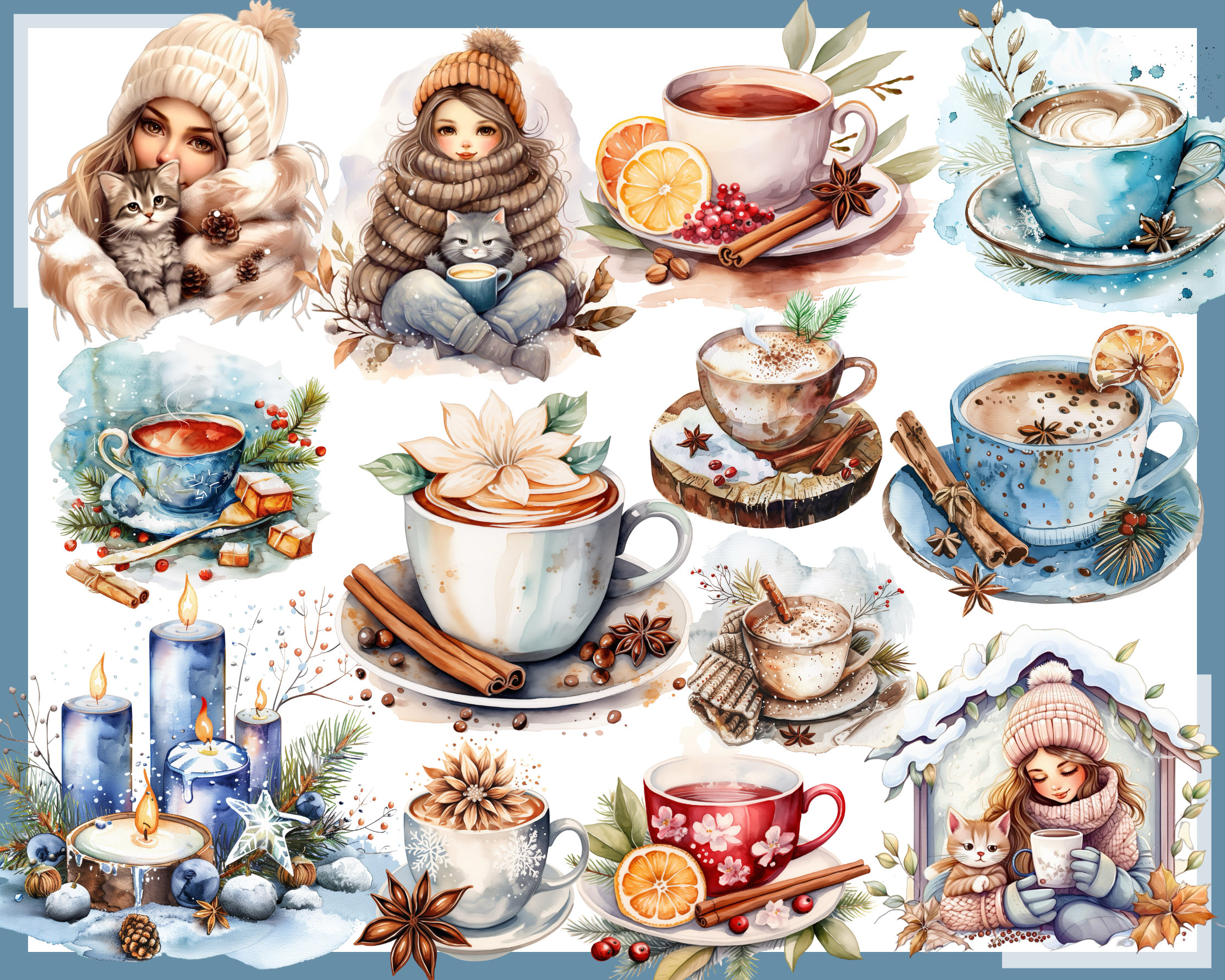 Cosy Winter Watercolor Clipart Bundle: 100 PNG Graphics (digital ...