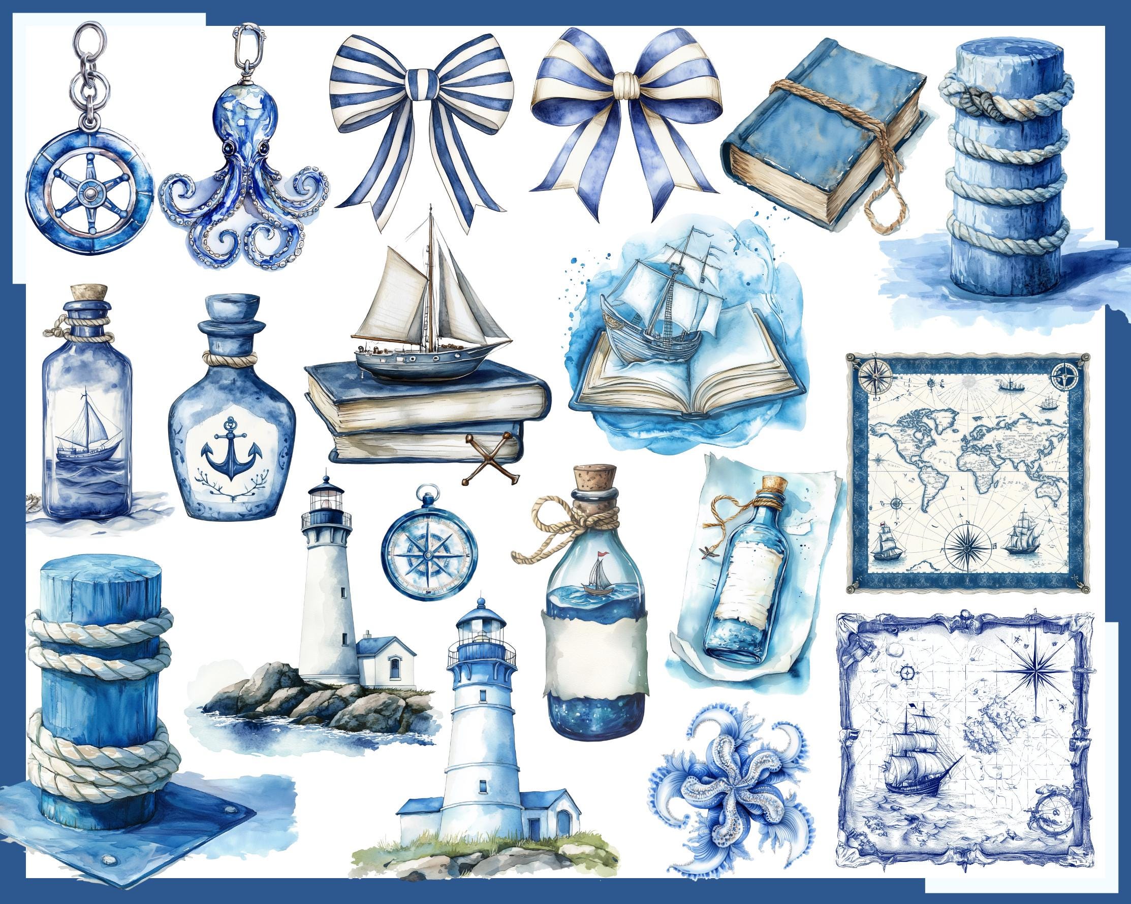 Nautical Navy: 120 PNG, 300 DPI Clipart Sea Marine Life Summer ...
