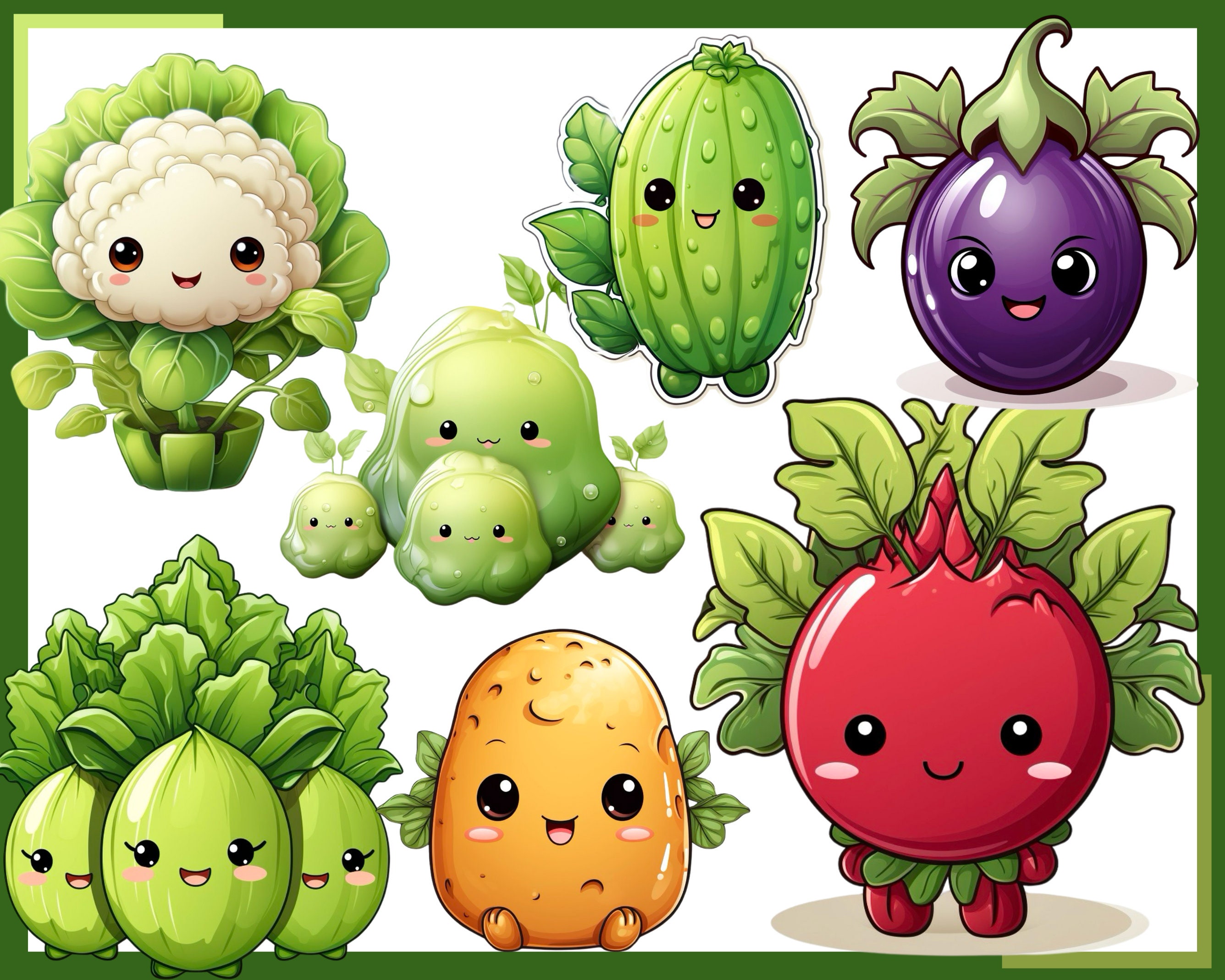 CUTE KAWAII VEGETABLE - 75 Clip Arts (300 Dpi, Transparent Background ...