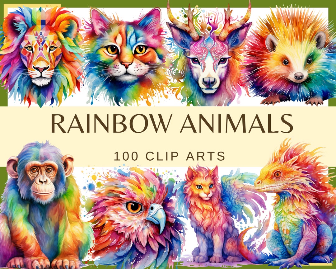 Rainbow Animals Clip Art: 100 Pngs, Transparent Background (digital ...