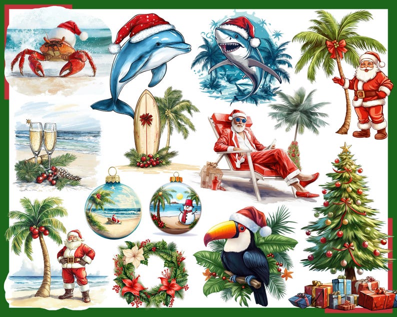 Tropical Christmas Clipart: Island Holiday PNG Graphics (120 Pc ...
