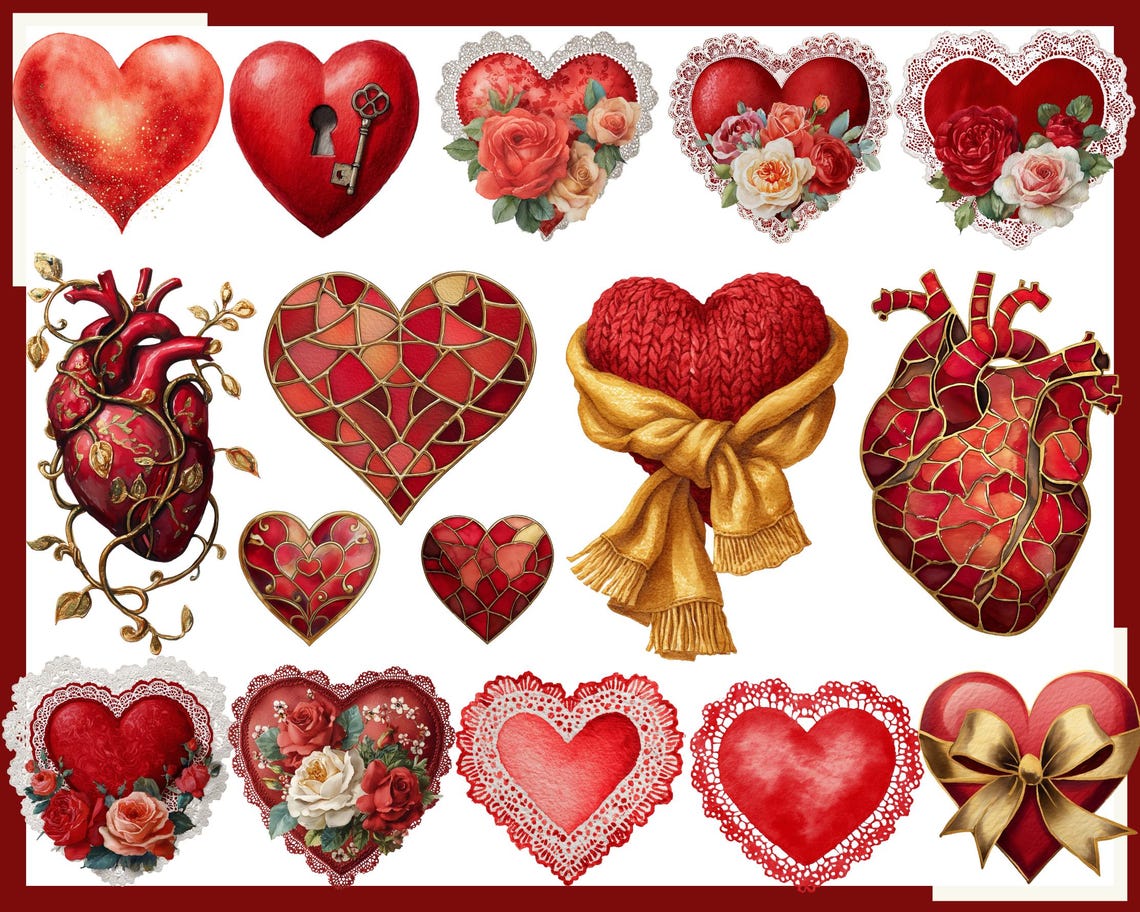 Red Watercolor Hearts Clipart: 100 PNG, 300 DPI Love Valentine's Day ...