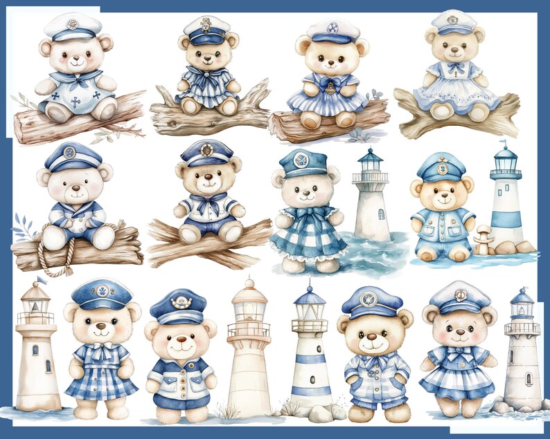 Nautical Teddy Bear: 100 PNG, 300 DPI Clipart Sea Life Nursery Baby ...