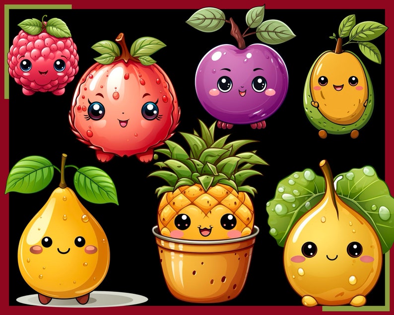 CUTE KAWAII FRUITS - 100 Clip Arts (300 Dpi, Fruit, Transparent ...
