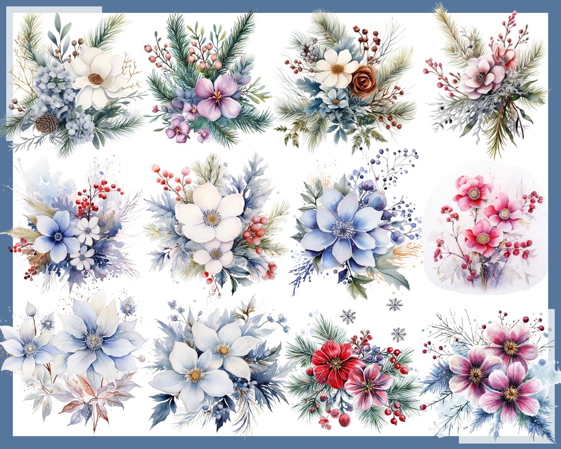 Winter Flowers Clipart: Watercolor Floral PNG Bundle (110 Files) - Etsy