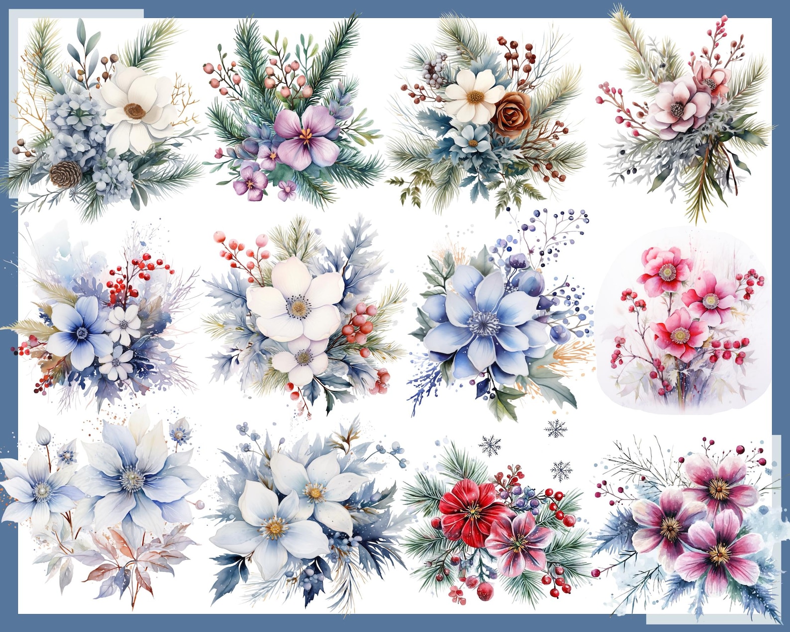 Winter Flowers Clipart: Watercolor Floral PNG Bundle (110 Files) - Etsy