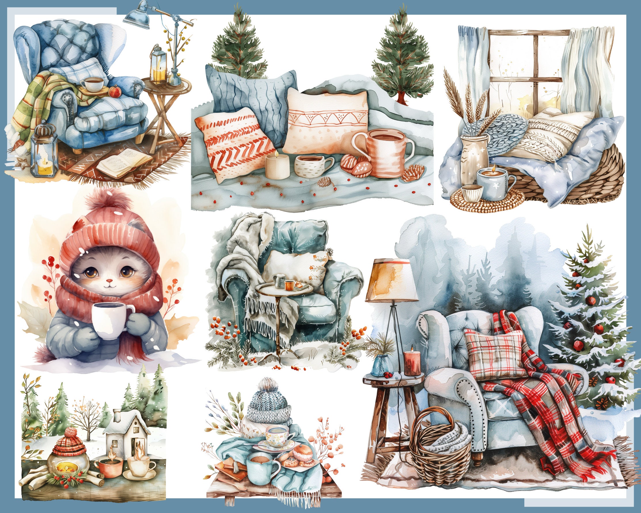 Cosy Winter Watercolor Clipart Bundle: 100 PNG Graphics (digital ...