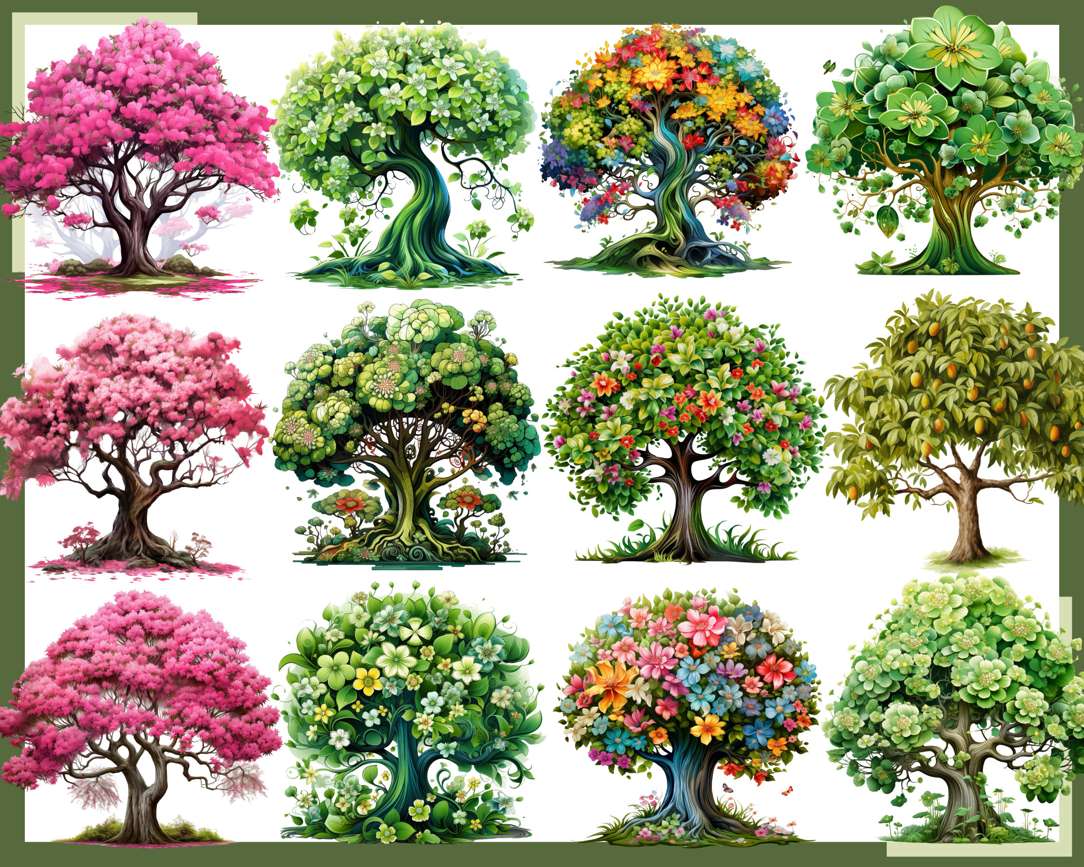 100 Tree Cliparts: Oak, Gingko, Baobab, Magnolia (300 DPI, Commercial ...