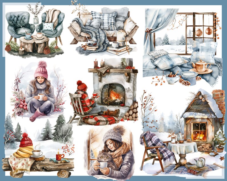 Cosy Winter Watercolor Clipart Bundle: 100 PNG Graphics (digital ...