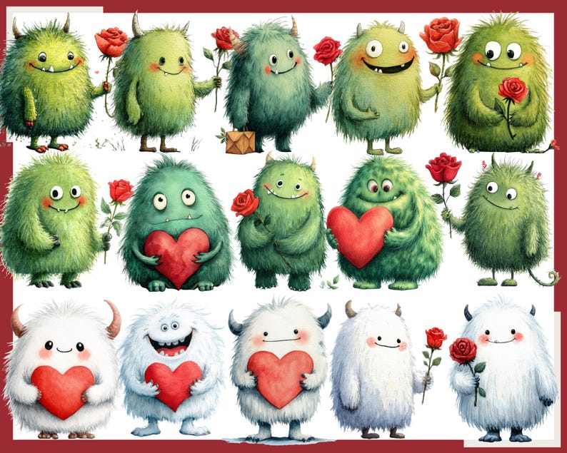 Cute Fluffy Monster 110 PNG, 300 DPI | Valentine’s Day Red Heart & Rose ...