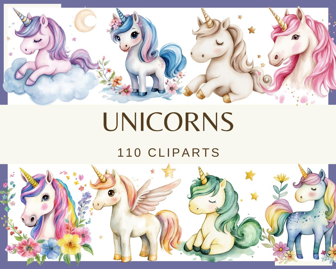 Watercolor Unicorn Clip Art: Rainbow Pony Graphics (300 DPI, 110 PNG ...