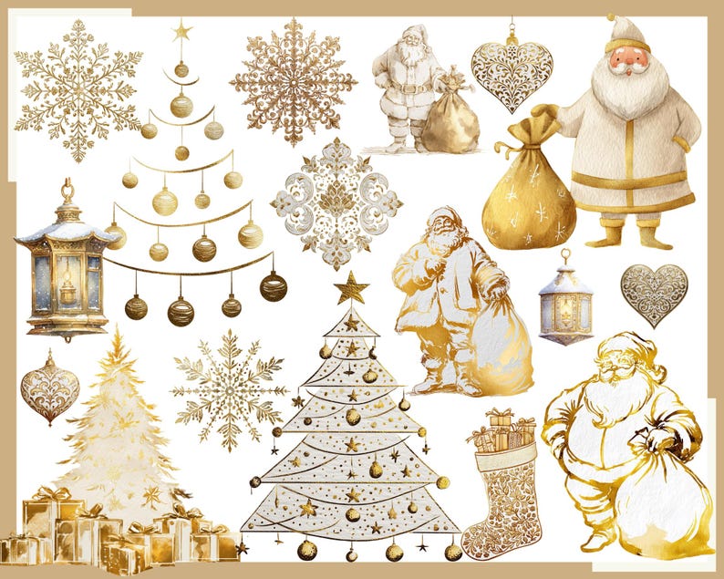 Gold Christmas Clipart: Holiday Illustrations, Tree, Santa (300 DPI PNG ...