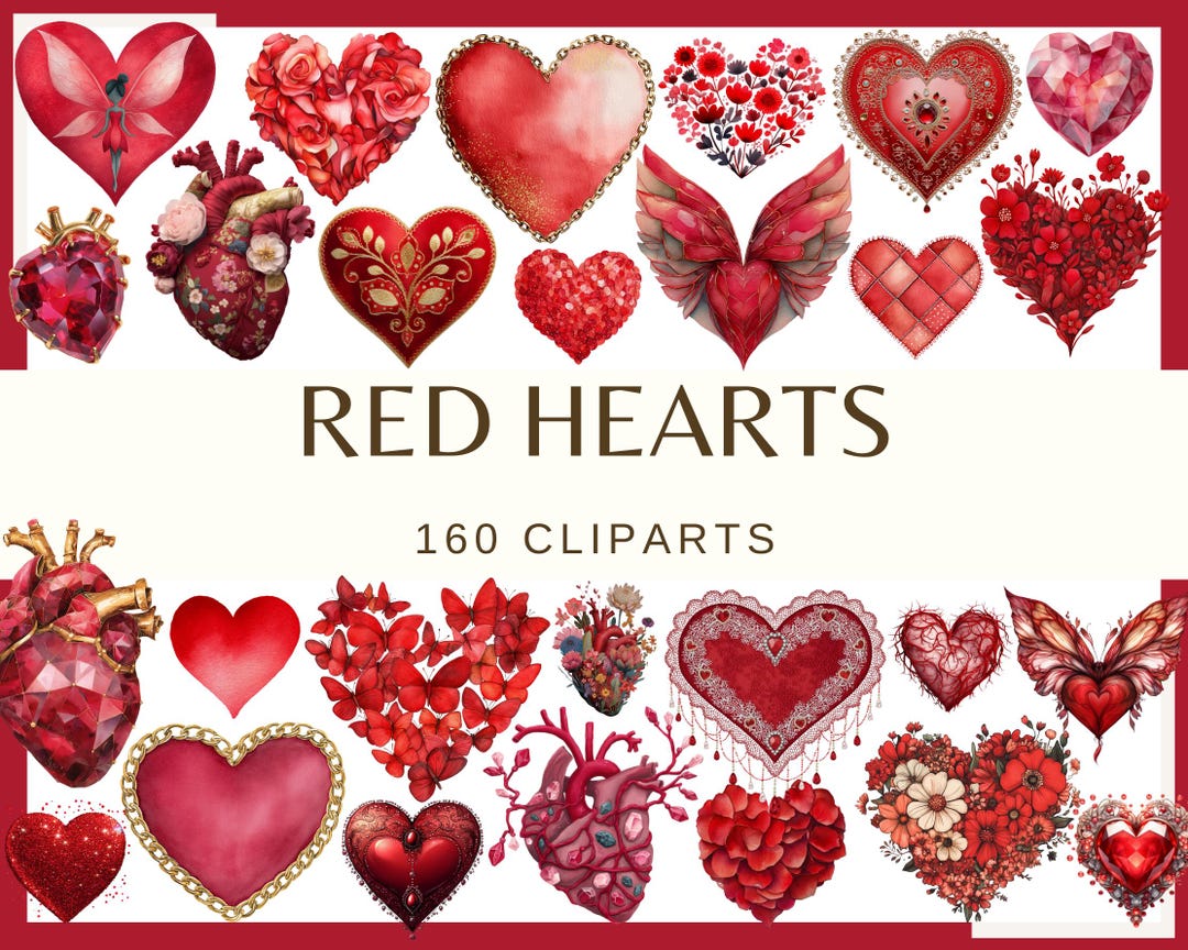 Red Hearts Clip Art: 100 PNG, 300 DPI Valentine's Day Graphics, Love ...