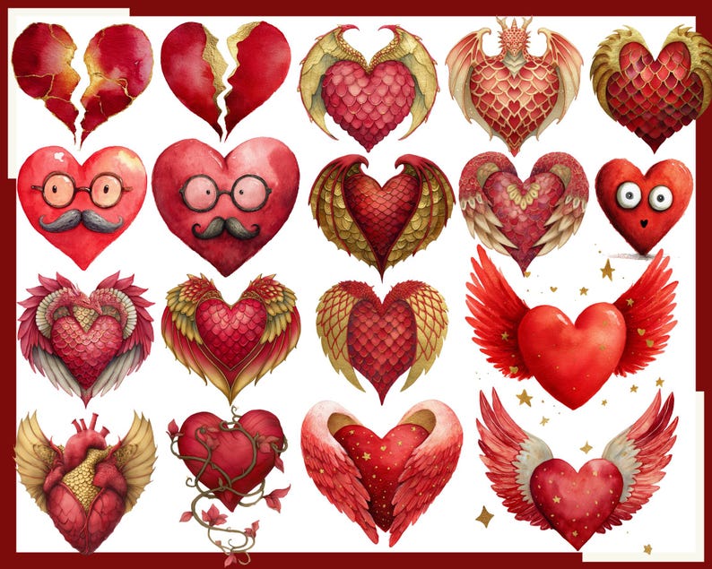 Red Watercolor Hearts Clipart: 100 PNG, 300 DPI Love Valentine's Day ...