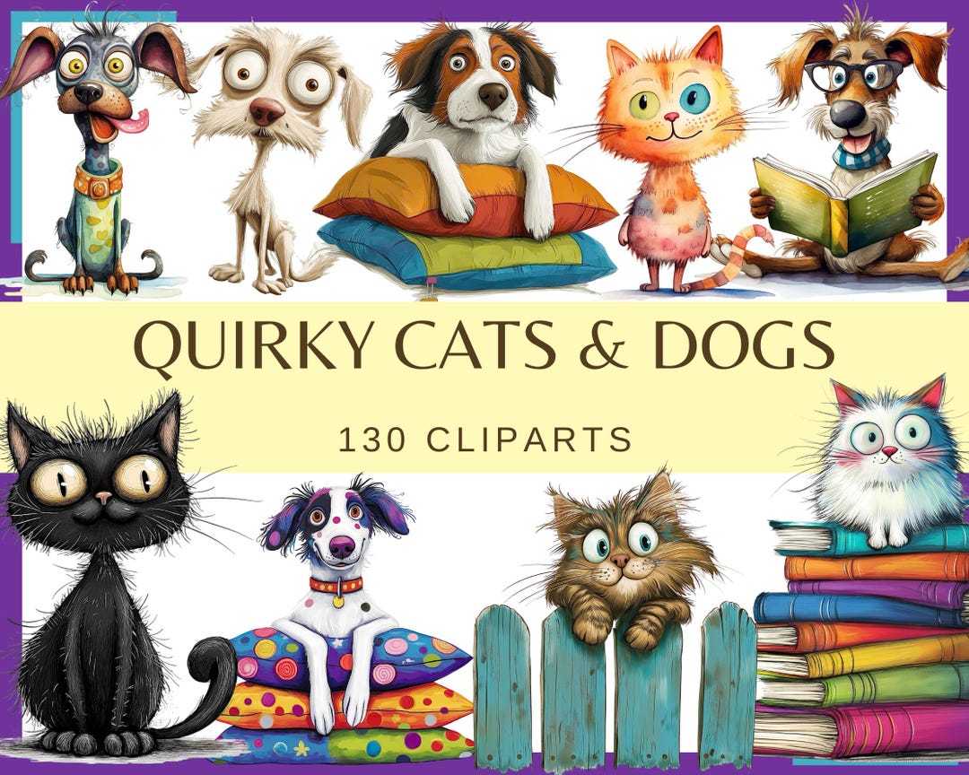 QUIRKY CATS & DOGS - 130 Clip Arts (300 Dpi, Cute Animals, Cute Dog Cat ...