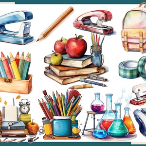 Watercolor School Supply Clip Art: 100 PNG Graphics (digital Download ...