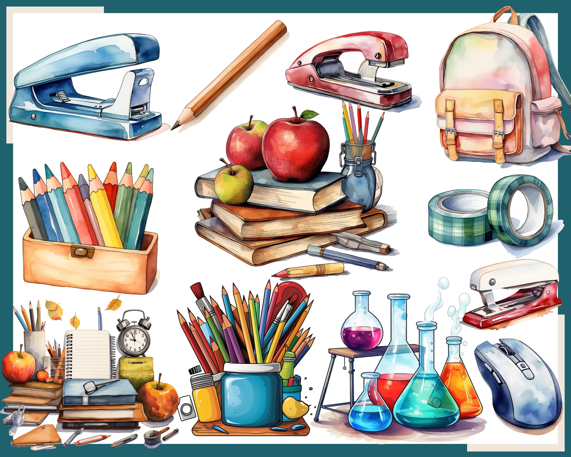 Watercolor School Supply Clip Art: 100 PNG Graphics (digital Download ...