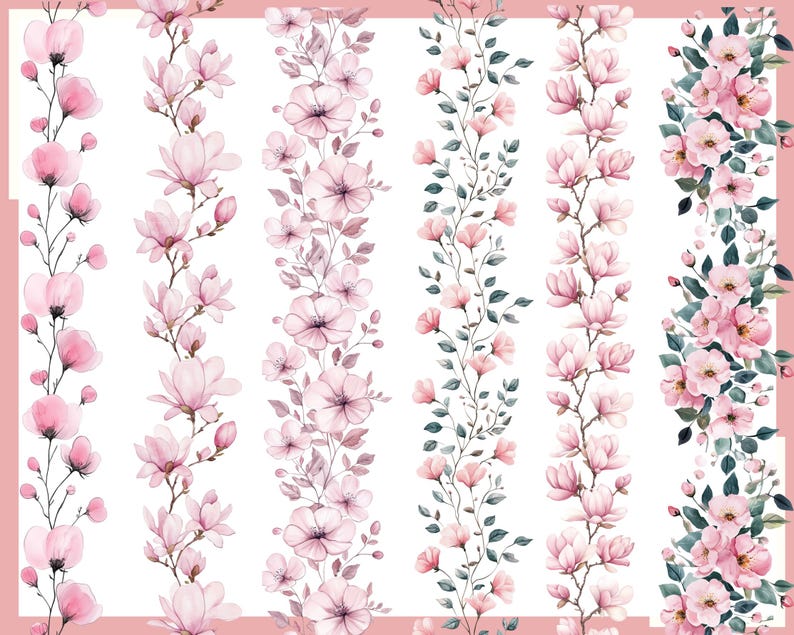 Pink Floral Watercolor Border Clipart: Seamless Flower Edge (PNG, 300 ...