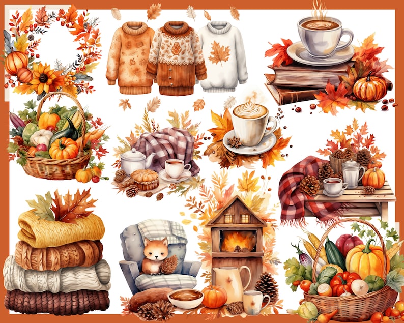 Cosy Autumn Clipart: 100 PNG , 300 DPI Graphics Fall (commercial Use ...