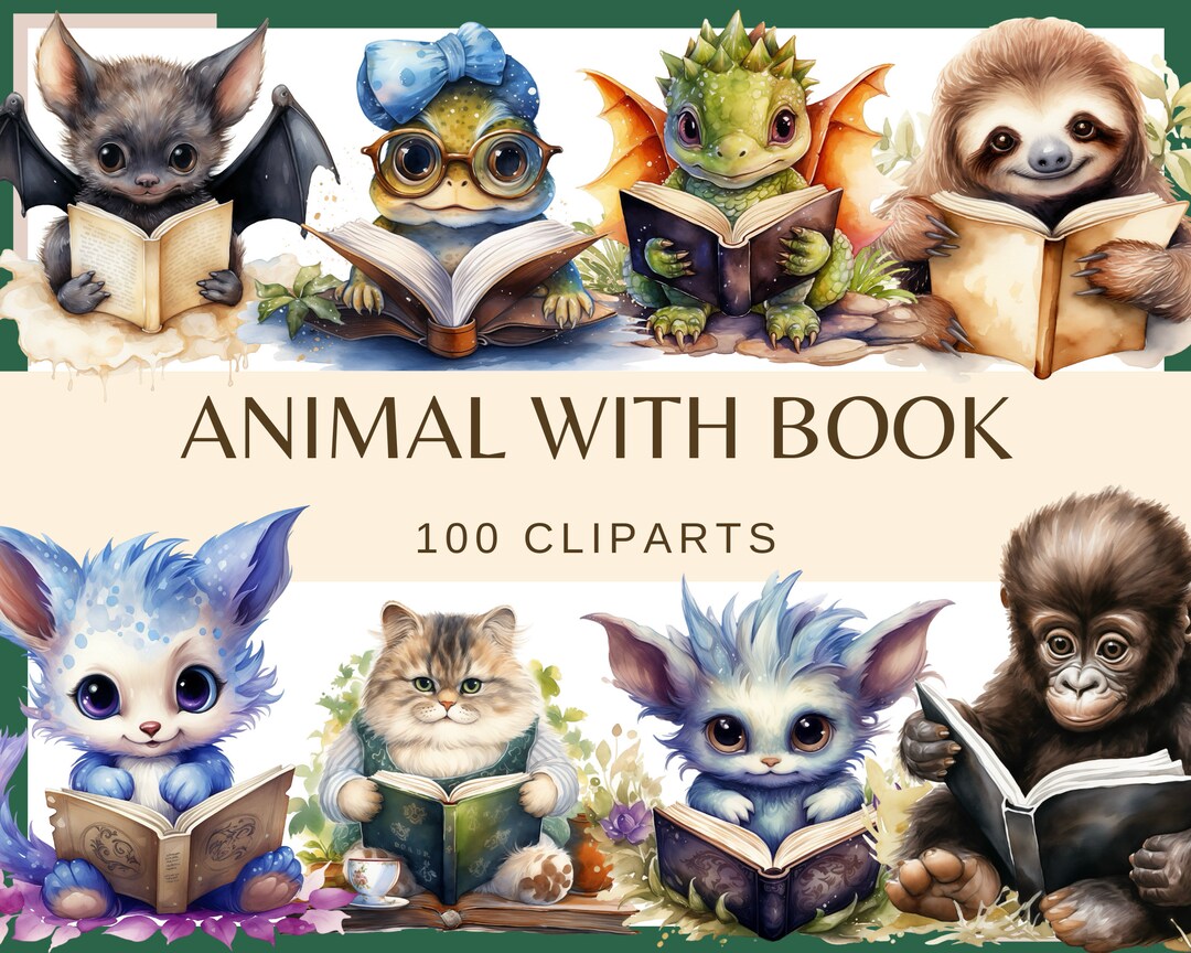 ANIMALS WITH BOOKS - 100 Watercolor Clip Arts (png, 300 Dpi, Notebook ...