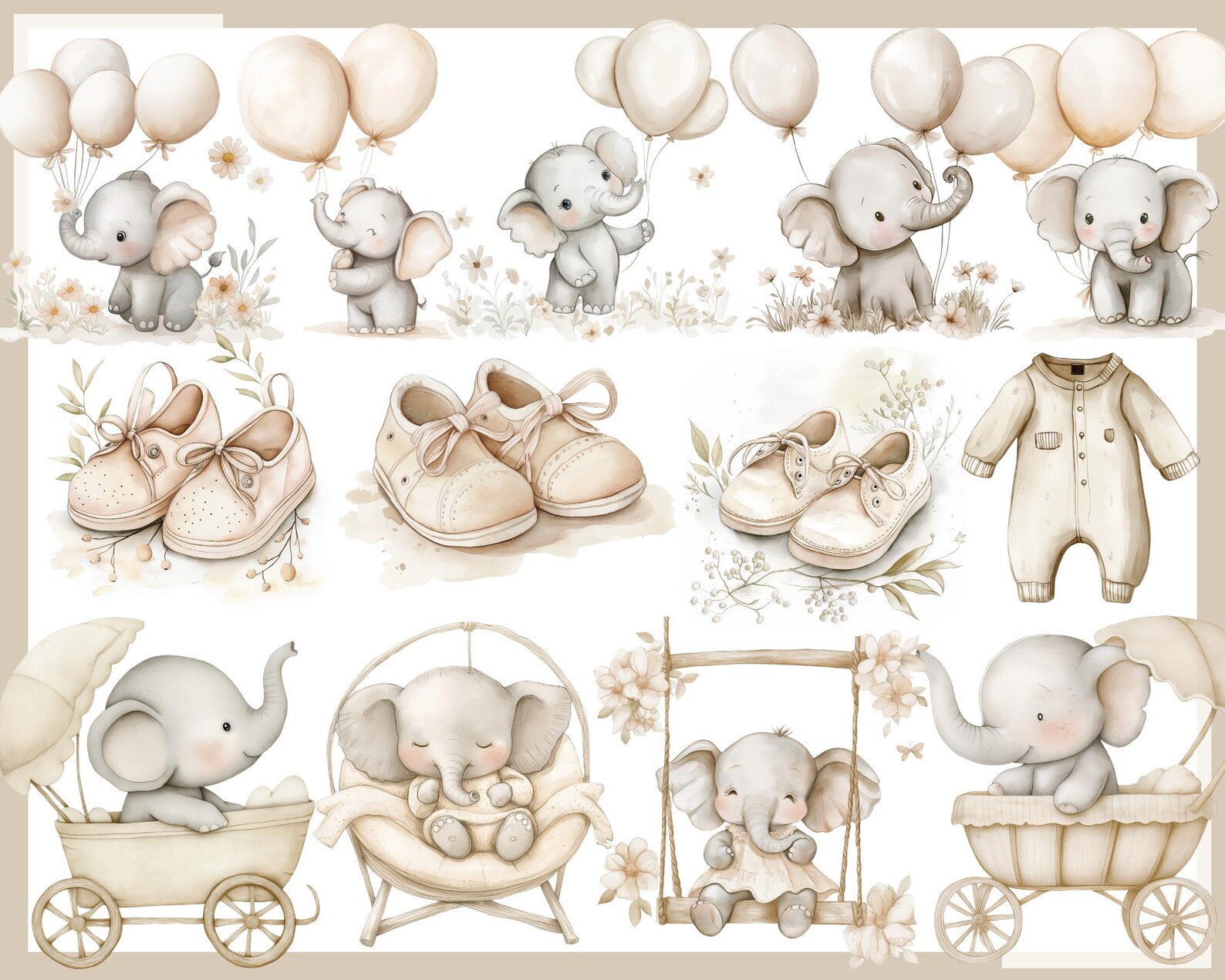Watercolor Elephant Clip Art: Light Beige, 110 PNG Images (commercial ...