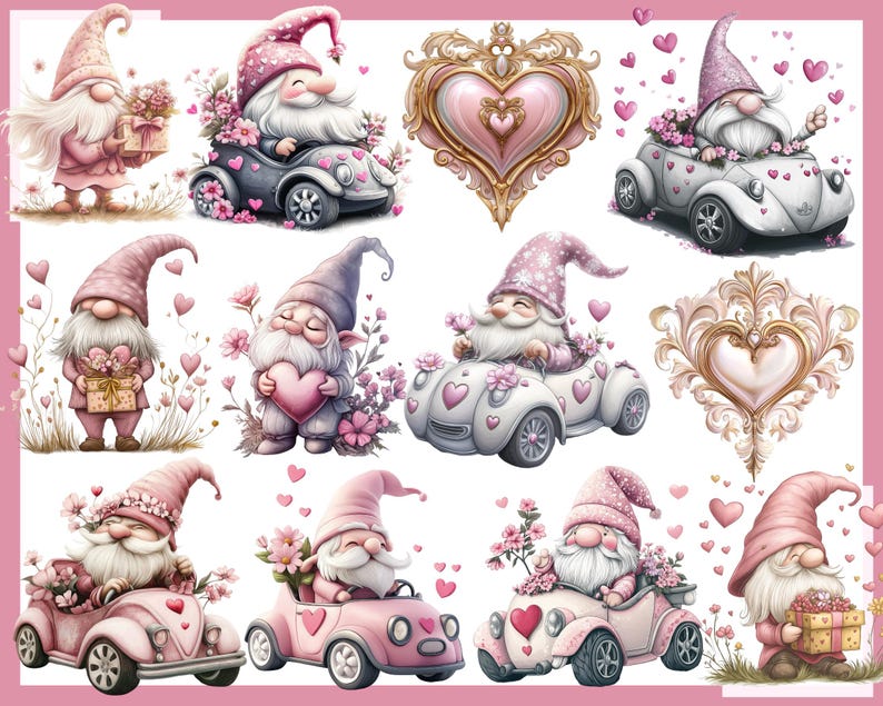Pink & Grey Valentine Gnomes Clip Art: 100 PNG, 300 DPI Graphics Love ...