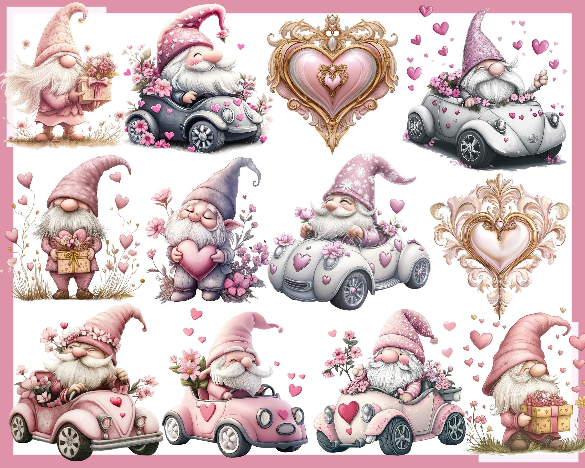 Pink & Grey Valentine Gnomes Clip Art: 100 PNG, 300 DPI Graphics Love ...