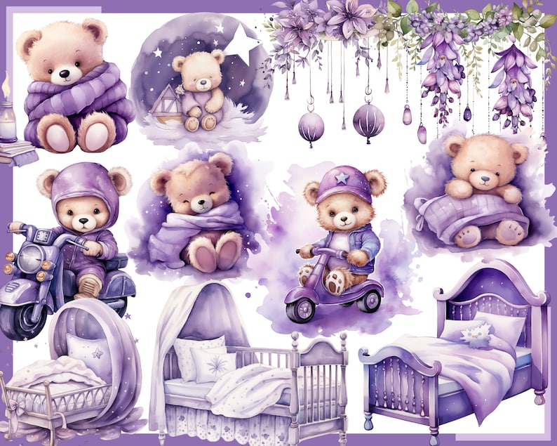 Violet Teddy Bear Watercolor Clipart: 100 PNG Nursery Graphics (digital ...