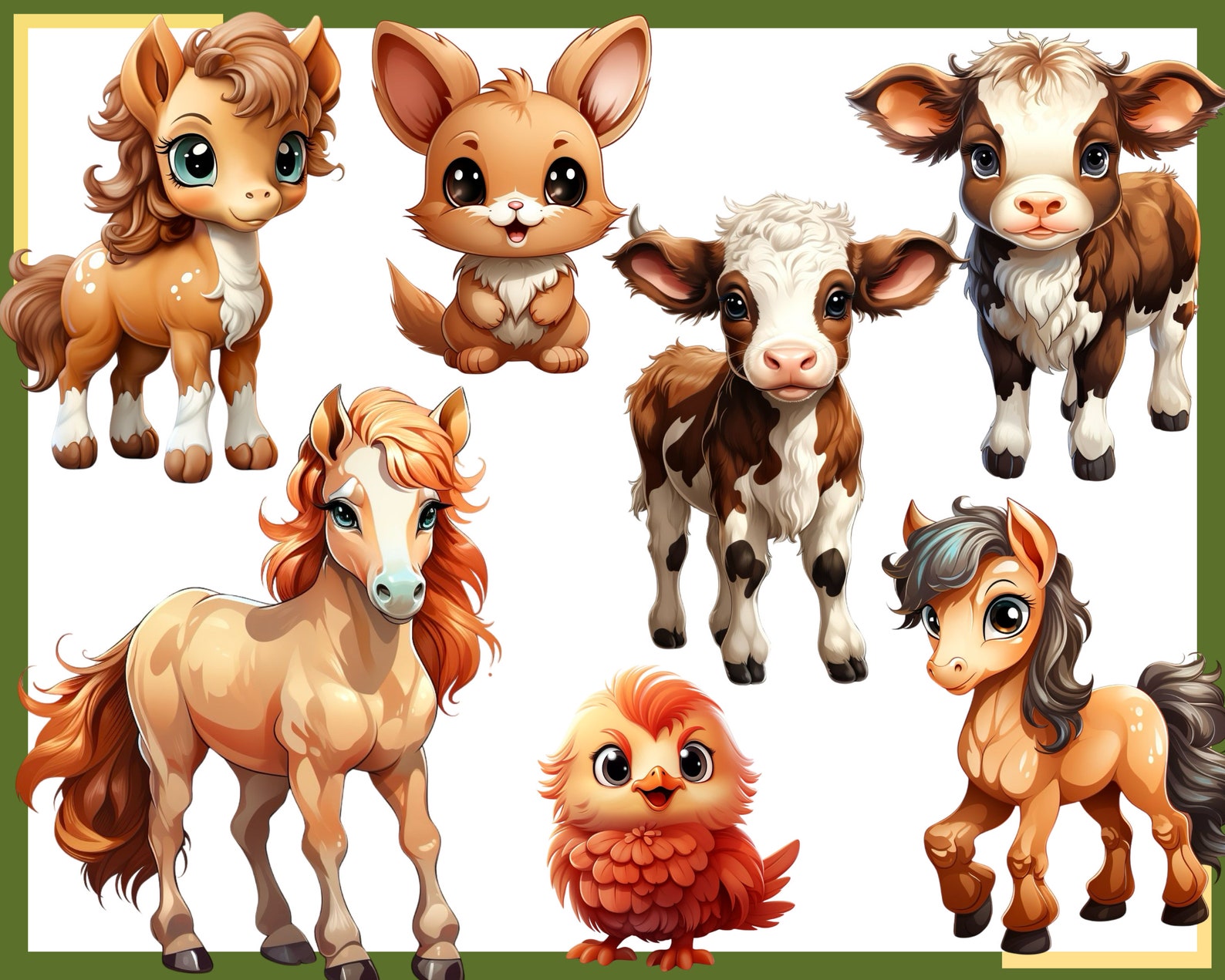 KAWAII FARM ANIMALS 80 Clip Arts 300 Dpi, Cute Animals, Baby Animals ...