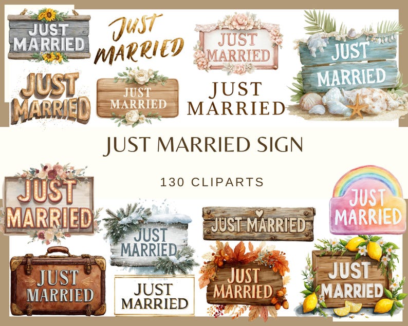 Just Married Sign: 130 PNG, 300 DPI Wedding Romantic Quotes (commercial ...