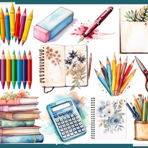 Watercolor School Supply Clip Art: 100 PNG Graphics (digital Download ...