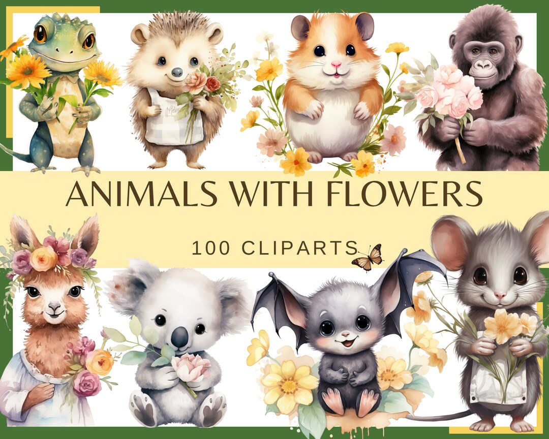 ANIMALS With FLOWERS - 100 Clip Arts (300 Dpi, Cute Animals, Baby ...