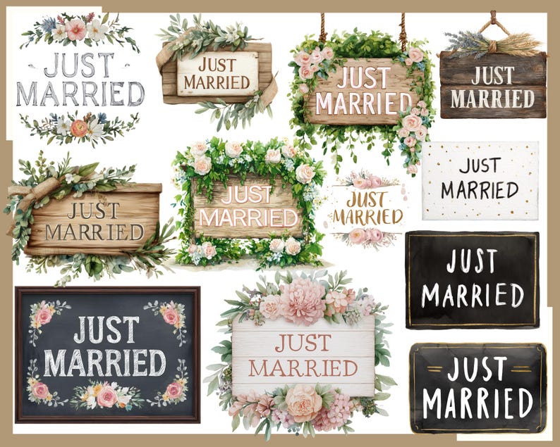 Just Married Sign: 130 PNG, 300 DPI Wedding Romantic Quotes (commercial ...