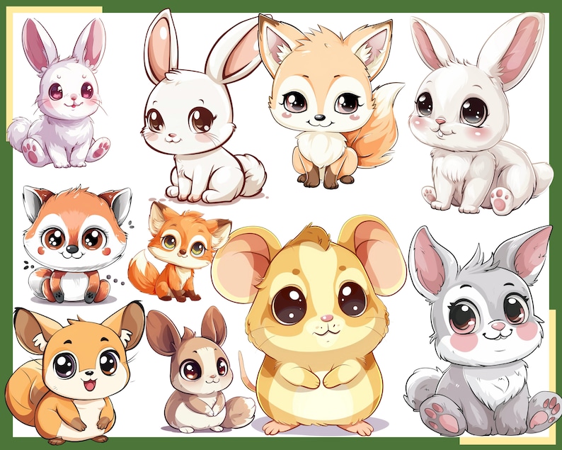 CUTE KAWAII Domestic ANIMALS - 100 Clip Arts (300 Dpi, Cute Animals ...