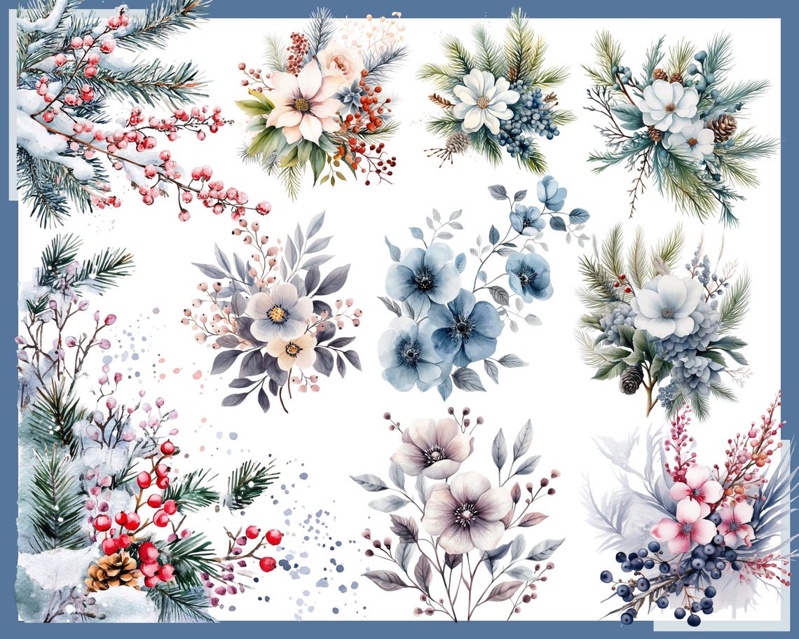 Winter Flowers Clipart: Watercolor Floral PNG Bundle (110 Files) - Etsy