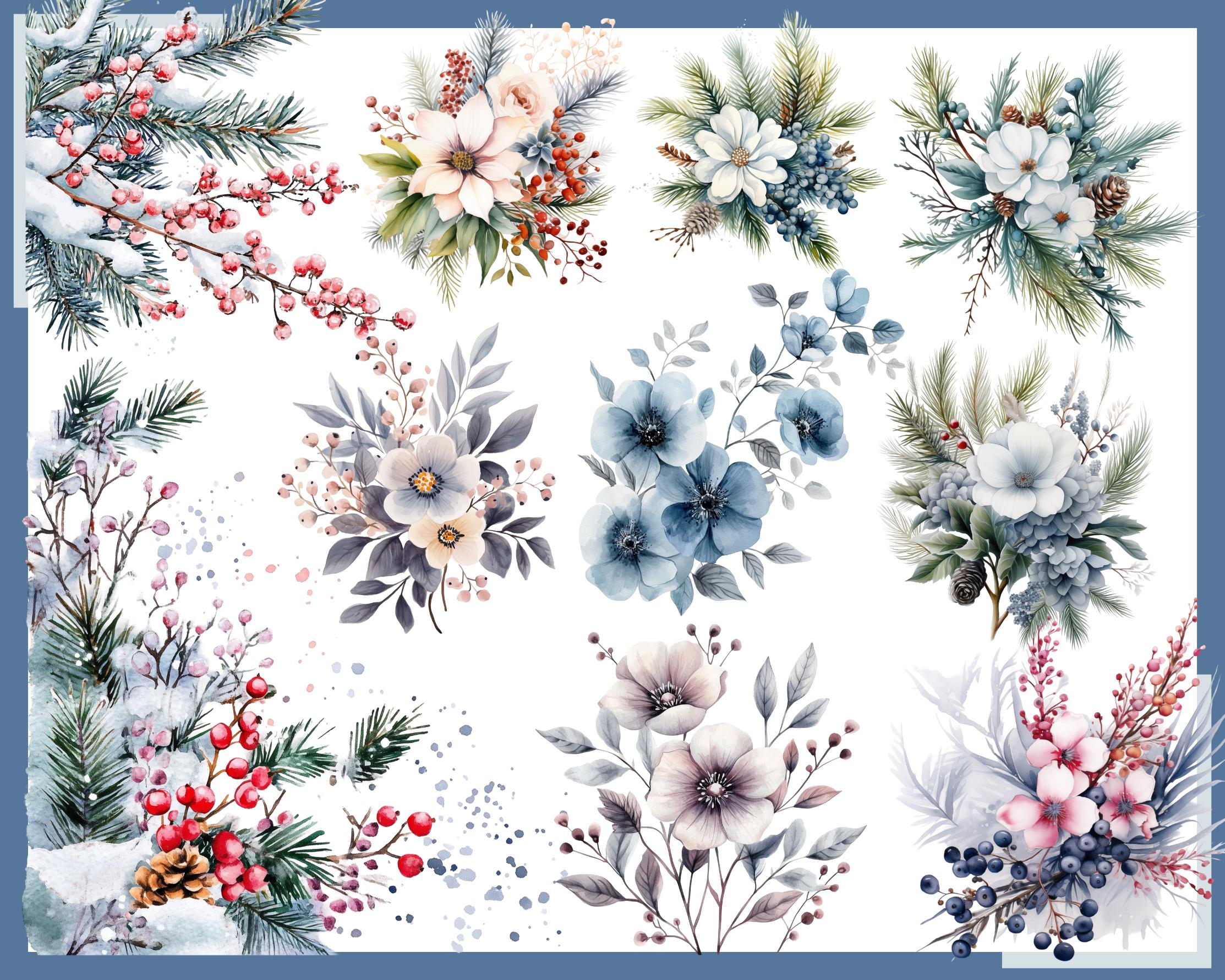 Winter Flowers Clipart: Watercolor Floral PNG Bundle (110 Files) - Etsy