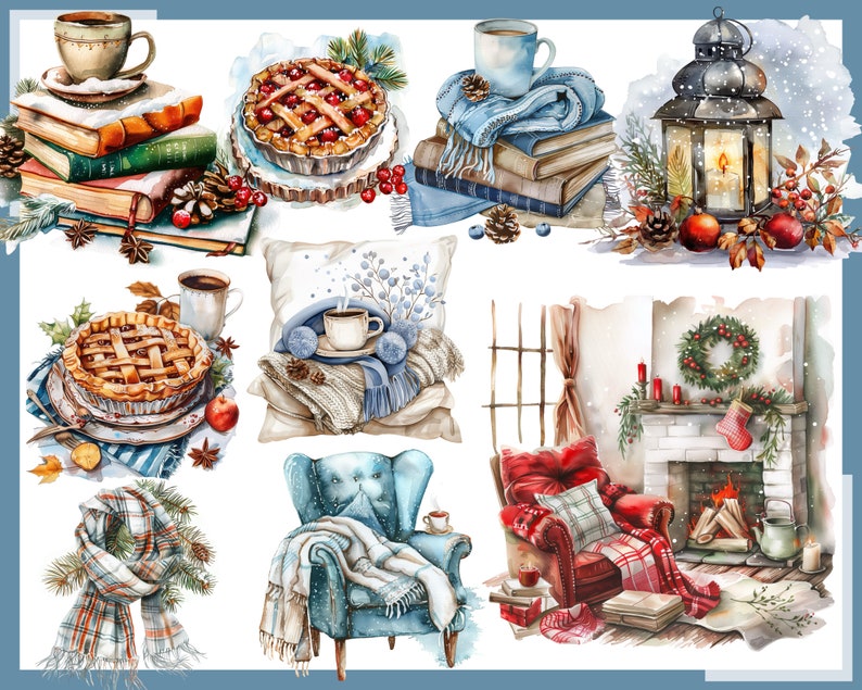 Cosy Winter Watercolor Clipart Bundle: 100 PNG Graphics (digital ...
