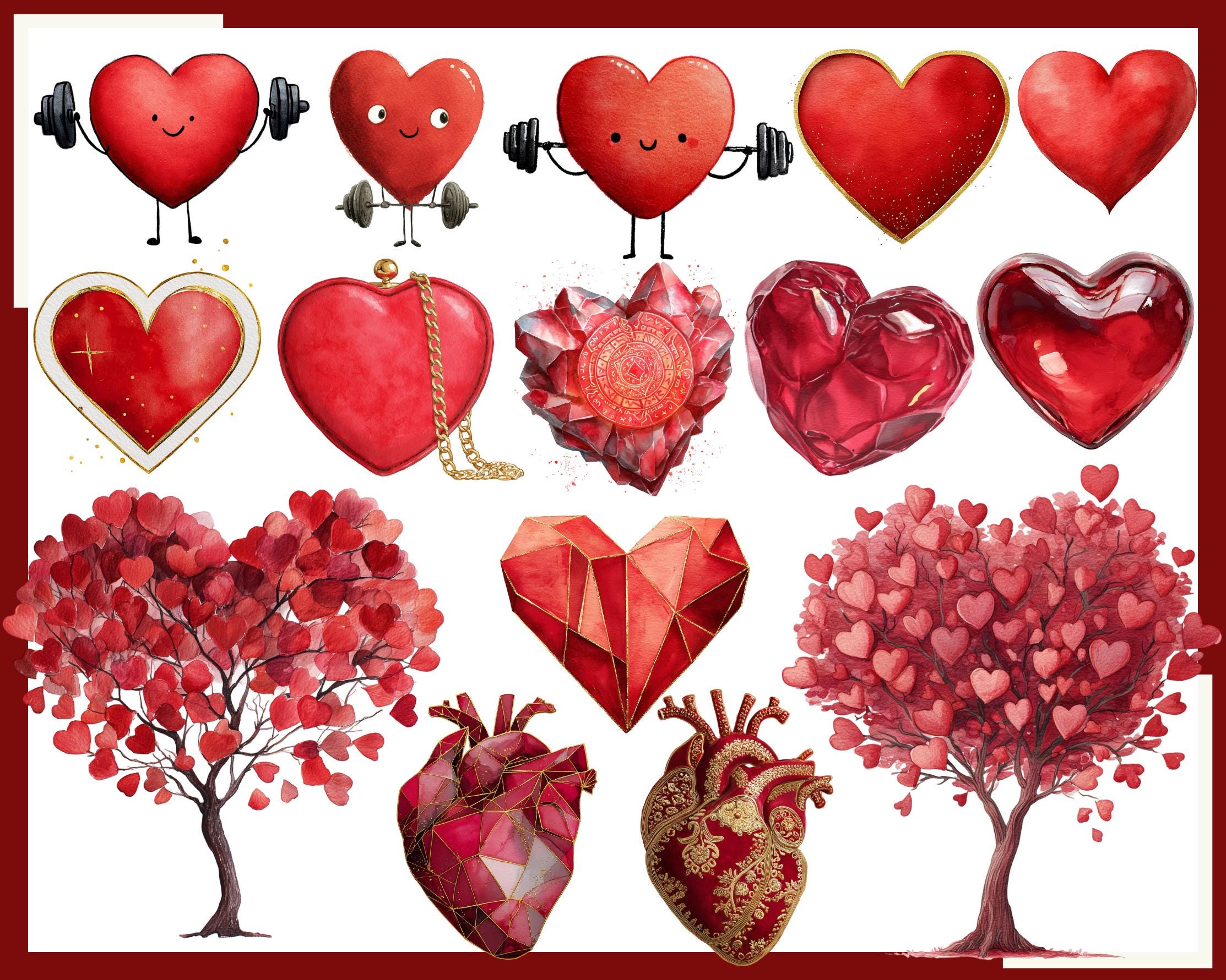 Red Watercolor Hearts Clipart: 100 PNG, 300 DPI Love Valentine's Day ...