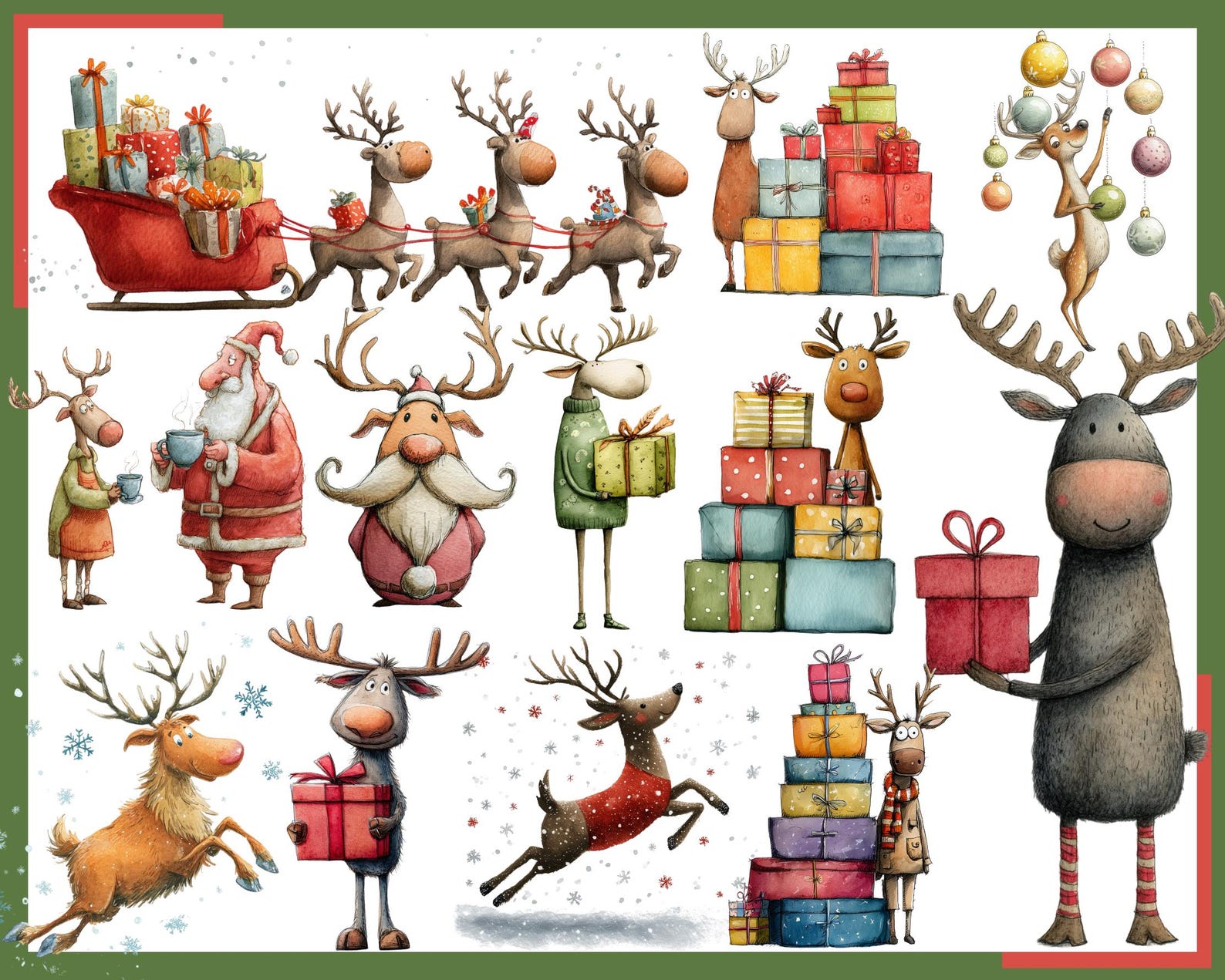Quirky Santa and Reindeer Clipart: 110 PNG, 300 DPI | Funny Christmas ...