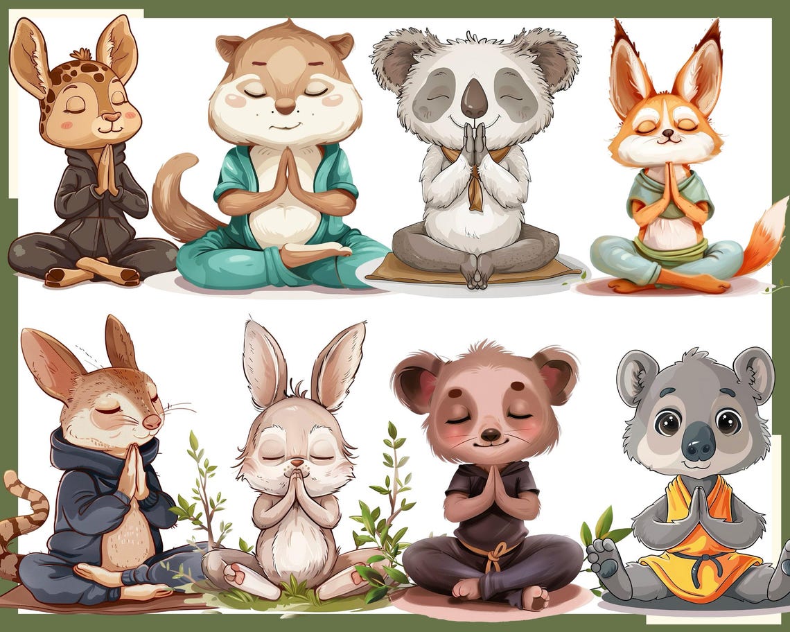 ANIMALS IN YOGA - 110 Clip Arts (300 Dpi, Cute Animals, Racoon, Fish ...