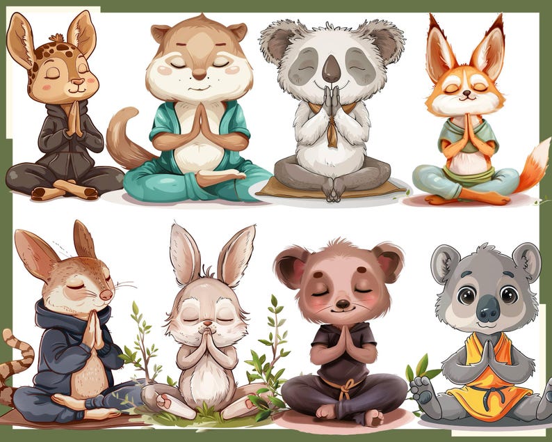 ANIMALS IN YOGA - 110 Clip Arts (300 Dpi, Cute Animals, Racoon, Fish ...